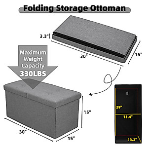 CAROLMADE 30 Inches Storage Ottoman Bench with Flipping Lid, Linen Foldable Storage Footrest, Ottoman with Storage for Living Room Holds up to 330lbs, Light Grey