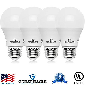 Great Eagle A19 LED Light Bulb, 9W (60W Equivalent), UL Listed, 3000K Soft White, 750 Lumens, dimmable, Standard Replacement (4 Pack)