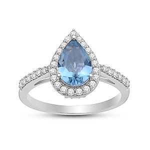 Jewelili Sterling Silver 9x6 MM Pear Cut Aquamarine and Round Created White Sapphire Engagement Ring Size 7