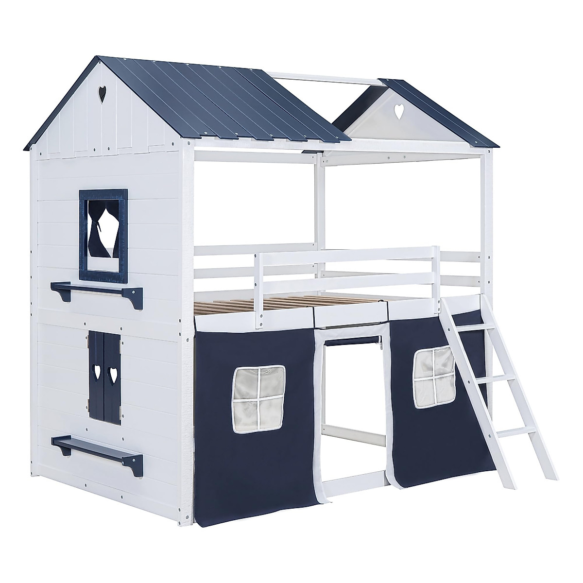 Harper & Bright Designs House Twin Loft Bunk Bed with Tent, Kids Loft Bed with Ladders,Guardrail, Windows and Roof, Wood Twin Over Twin Playhouse Bunk Bed for Kids Teens Boys & Girls (Blue & White)