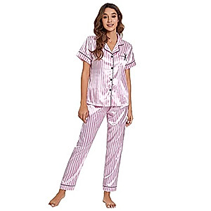 Floerns Women's Printed Two Piece Short Sleeve Sleepwear Long Pants Pajamas Sets Pink White Striped M