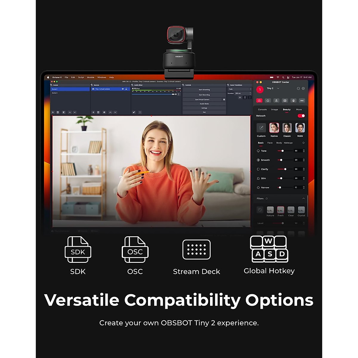 OBSBOT Tiny 2 Webcam 4K Voice Control PTZ, AI Tracking Multi-Mode & Auto Focus, Web Camera with 1/1.5" Sensor, Gesture Control, 60 FPS, HDR Light Correction, Webcam for PC, Streaming, Meeting, etc.