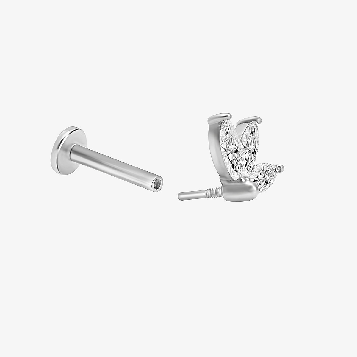 14K Solid White Gold Cubic Zirconia Marquise Lotus Cartilage Stud Earring Tragus Helix CZ Crown Stud Internally Threaded Flat Back Earring for Men Women Upper Ear Piercing Jewelry Gift SINGLE STUD