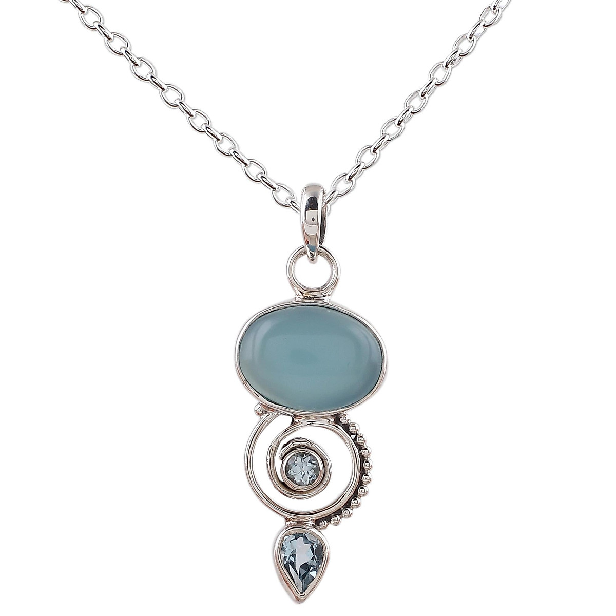 NOVICA Artisan Blue Topaz and Chalcedony Pendant Necklace from India Sterling Silver Birthstone [18 in L 2 mm W Pendant(s) 1.8 in L x 0.7 in W x 0.2 in D] ' Sentimental Journey'