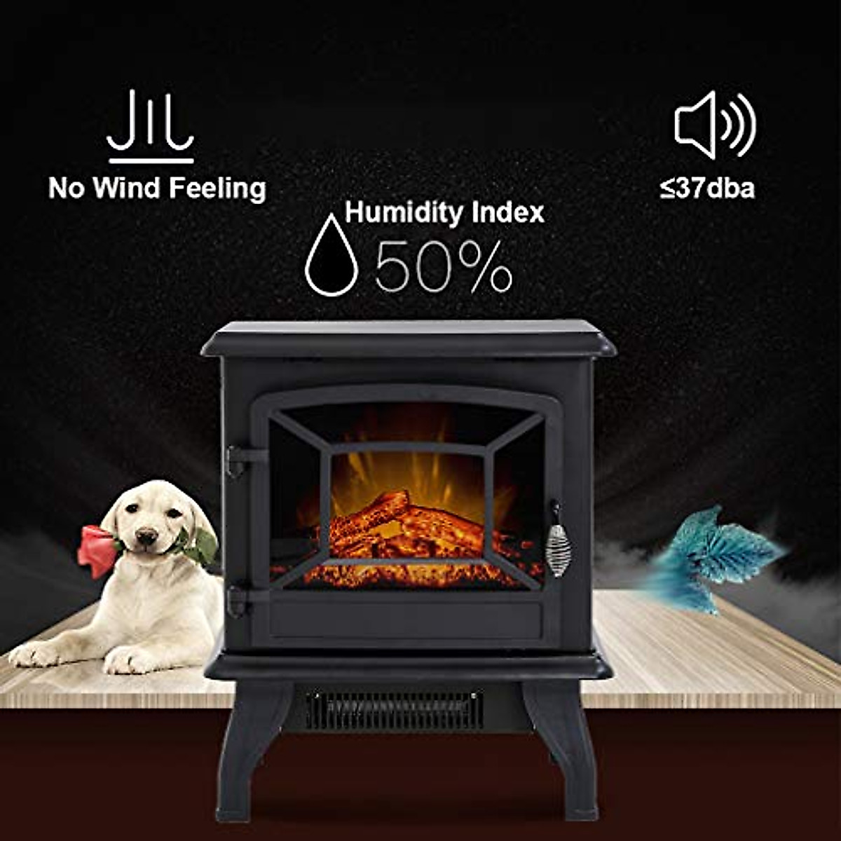 BMS 20" Electric Fireplace Heater Portable Indoor Electric Stove Heater with Freestanding 3D Flame Effect 1400W CSA Approved Safety for Home,Office,Bedroom,Living Room,Basement, Black