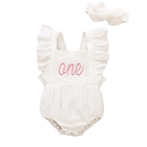 Aslaylme 1st Birthday Girl Outfit Baby Girls One Year Old Birthday Bodysuit (White,12-18 Months)