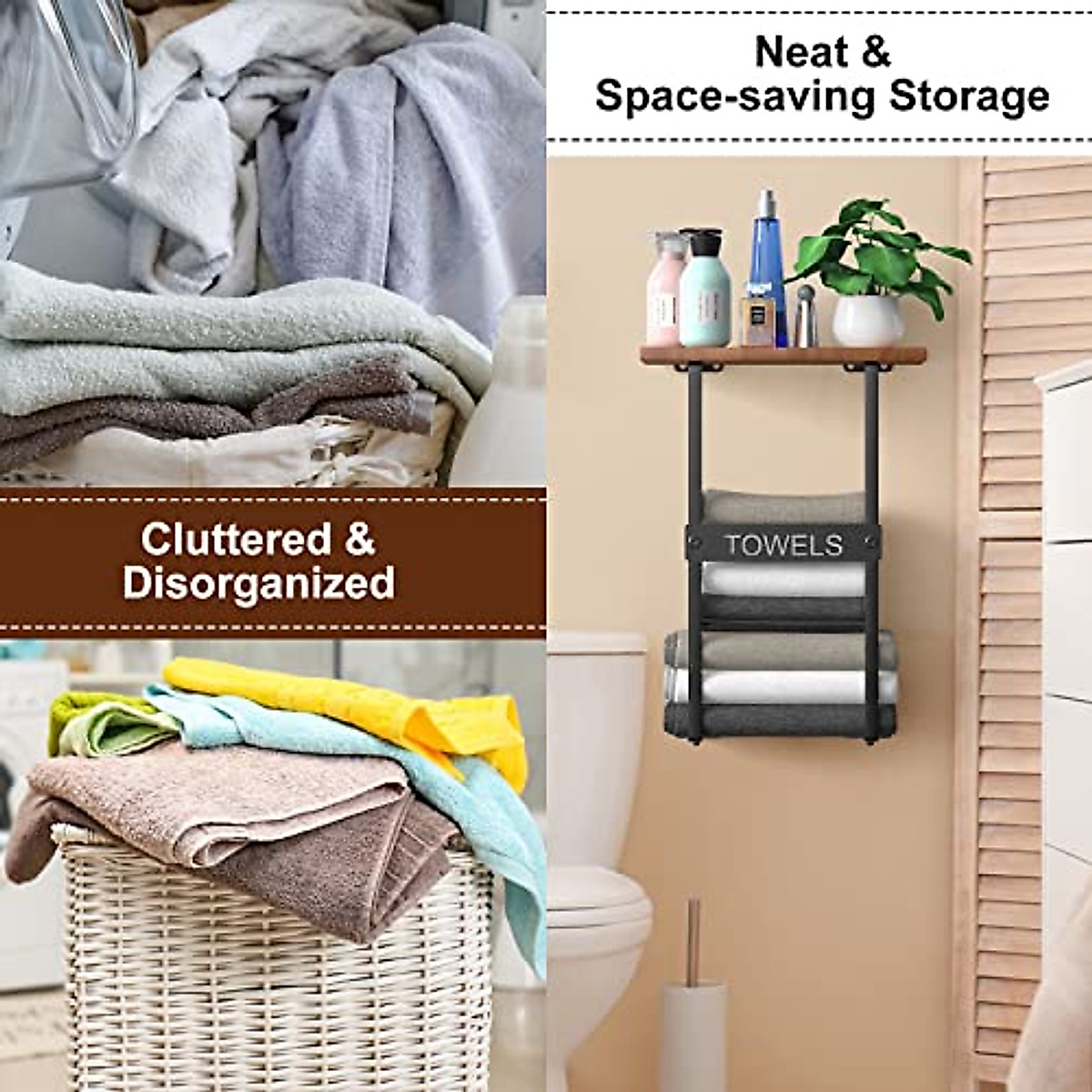 BSSOYAMM Towel Racks for Bathroom Wall Mounted, Metal Towel Holder with Wooden Shelf, Rolled Bath Towel and Hand Towel Storage Organizer for Small Bathroom