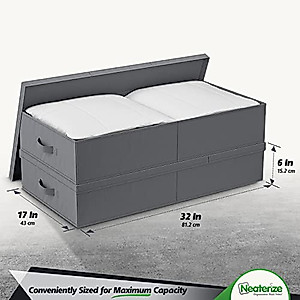 NEATERIZE Under Bed Storage Bins With Lids [Set of 2] Long Flat Stackable Underbed Storage Containers For Organizing Clothing, Shoes, toys, Blankets, and Linen. Garage Boxes. (Large-Grey)