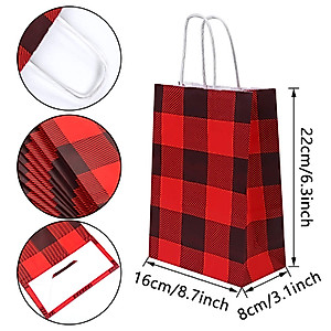 Cooraby 20 Pieces Red and Black Plaid Paper Party Bags Gift Bag Christmas Bag Birthday Kraft Party Bags with Handle for Wedding and Party Celebrations