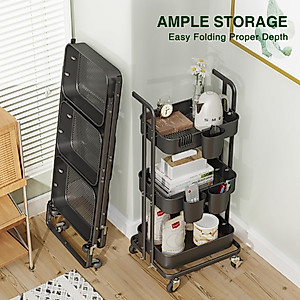DTK 3 Tier Foldable Rolling Cart, Metal Utility Cart with Lockable Wheels, Folding Storage Trolley, 3 Small Baskets and 6 Hooks for Living Room, Kitchen, Bathroom, Bedroom and Office, Black