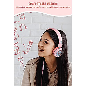 New bee Kids Headphones for School with Microphone KH20 Wired HD Stereo Safe Volume Limited 85dB/94dB Foldable Lightweight On-Ear Headphone for Girl/Mac/Android/Kindle/Tablet/Pad (Pink)