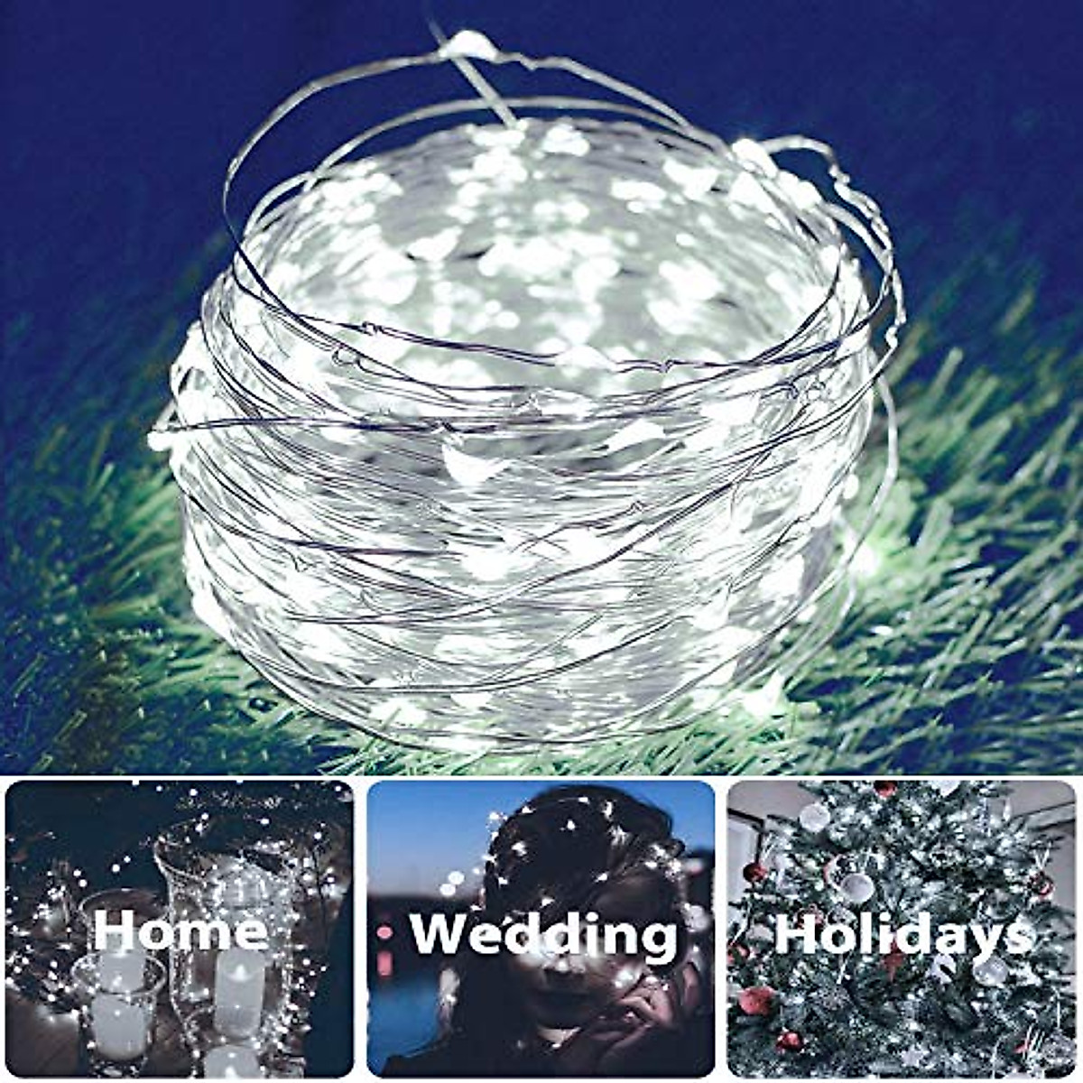 DAYLIGHTIR 2 Pack 100 LED Solar Powered Copper Wire String Lights Outdoor, Waterproof, 8 Modes Fairy Lights for Garden, Patio, Party, Yard, Christmas (White)