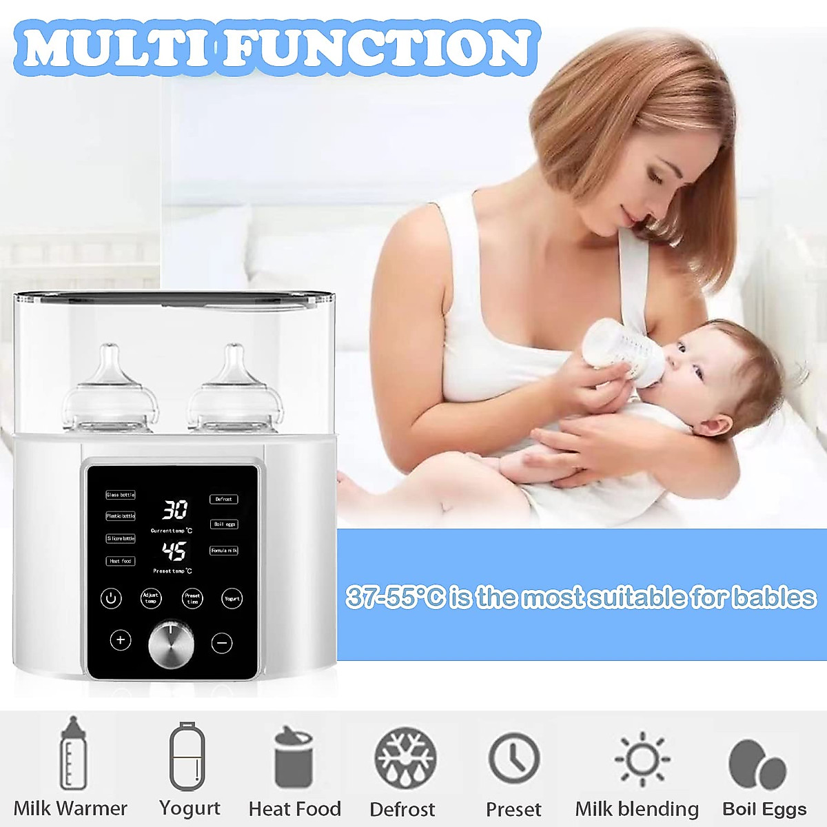 Portable Baby Bottle Warmer, 8 in 1 Milk Warmer of Breastmilk/Formula/Regular Milk, Food Heater&Defrost with LCD Display, Travel Double Bottle Warmer with Accurate Temperature Control