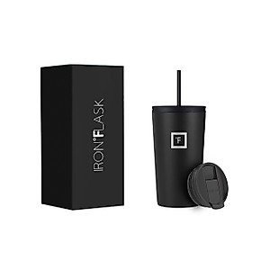 IRON °FLASK Classic Tumbler 2.0-2 Lids (Straw Flip), Vacuum Insulated Stainless Steel Water Bottle, Double Walled, Thermos Travel Mug - Midnight Black, 16 Oz, Mothers Day Gifts for Mom