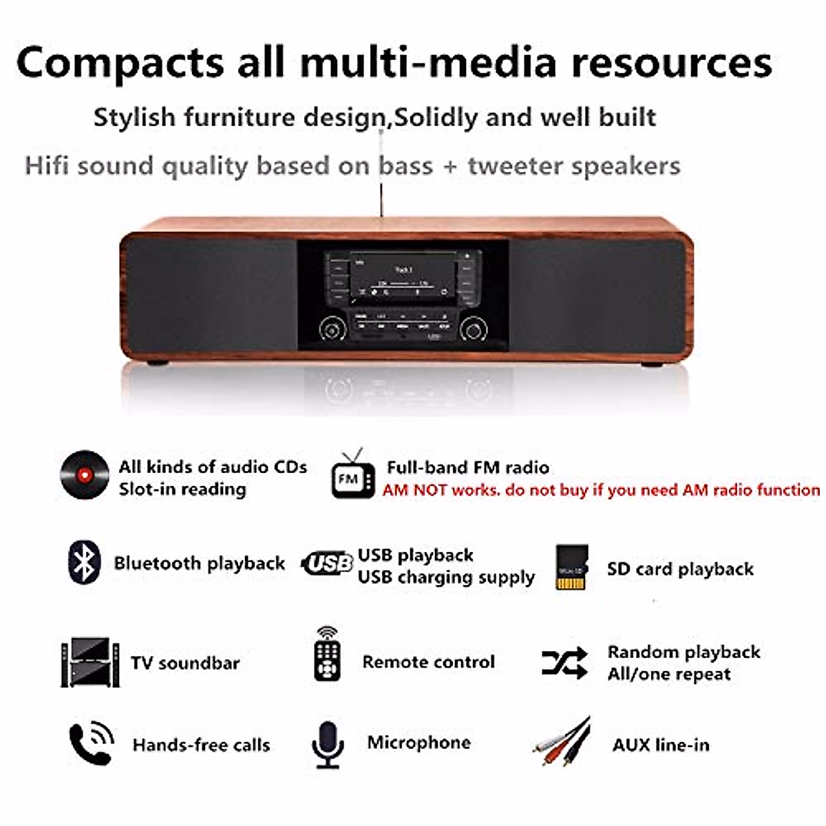 KEiiD CD Player for Home with Bluetooth Stereo System Wooden Desktop Speakers FM Radio USB SD AUX Remote Control, 28 Inch Long 20 Pounds Weight