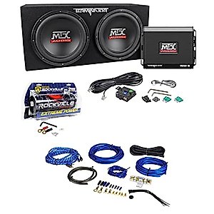 MTX Terminator TNP212D2 1200 Watt 2 Ohm Dual 12 Subwoofers/Sub Box/Amp Package Bundle with Rockville RXC2D 2 Farad Stiffening Power Capacitor & RWK81 Amp Installation Wire Kit (3 Items)