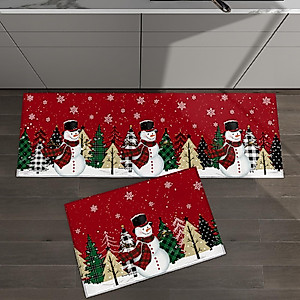 Miaklek Christmas Kitchen Rugs Set of 2 Anti Fatigue Mats for Kitchen Floor Cushioned Kitchen Rugs and Mats Non Slip Kitchen Runner Comfort Standing Mat, Cute Snowman Xmas Tree Winter Snowflake Red