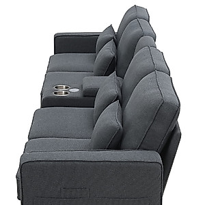 WILLIAMSPACE 114.2" Upholstered Sofa Couch for Living Room, Modern 4 Seater Sofa Fabric Couches with Storageable Coffee Table and 2 Cupholders, 2 USB Ports Wired or Wirelessly Charged (Dark Grey)