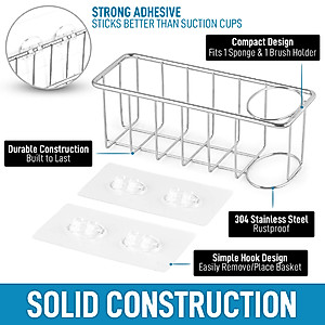 Zulay 2-in-1 Sponge Holder for Sink - Stainless Steel Kitchen Sink Sponge Holder with Extra Strong Adhesive - Rust Proof Dish Brush Holder & Dish Sponge Holder - Solid Sponge Caddy Sink Organizer
