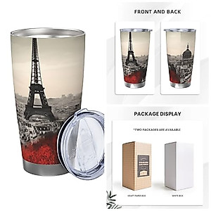 Paris Tumbler with Lid and Straw 20oz Stainless Steel Car Cup for Hot and Cold Drinks, Double Wall Insulated Travel Coffee Mug Reusable Drink Thermos Cup Birthday Gifts