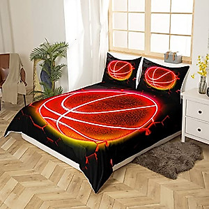 Kids Basketball Duvet Cover Set Boys Neon Red Geometric Honeycomb Hexagon Bedding Set for Teens Men Room Decor Fashion Balls Sport Gaming Comforter Cover Modern Black Quilt Cover 3pcs Queen Size