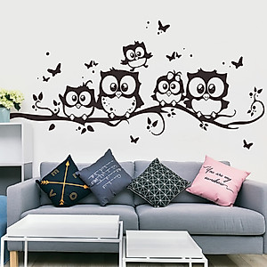 Family Owls On The Tree Branches Wall Decal Removable Cartoon Black Vinyl Owl Wall Art Decor Stickers for Babys Children Rooms Bedroom Living Room TV Background