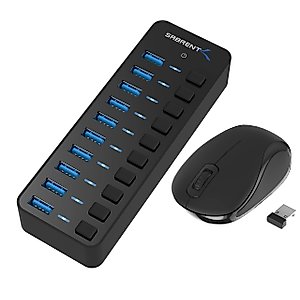 10 Port 60W USB 3.0 Hub with Individual Power Switches and LEDs Includes 60W 12V/5A Power Adapter+Mini Travel 2.4GHz Wireless Mouse with Nano Receiver