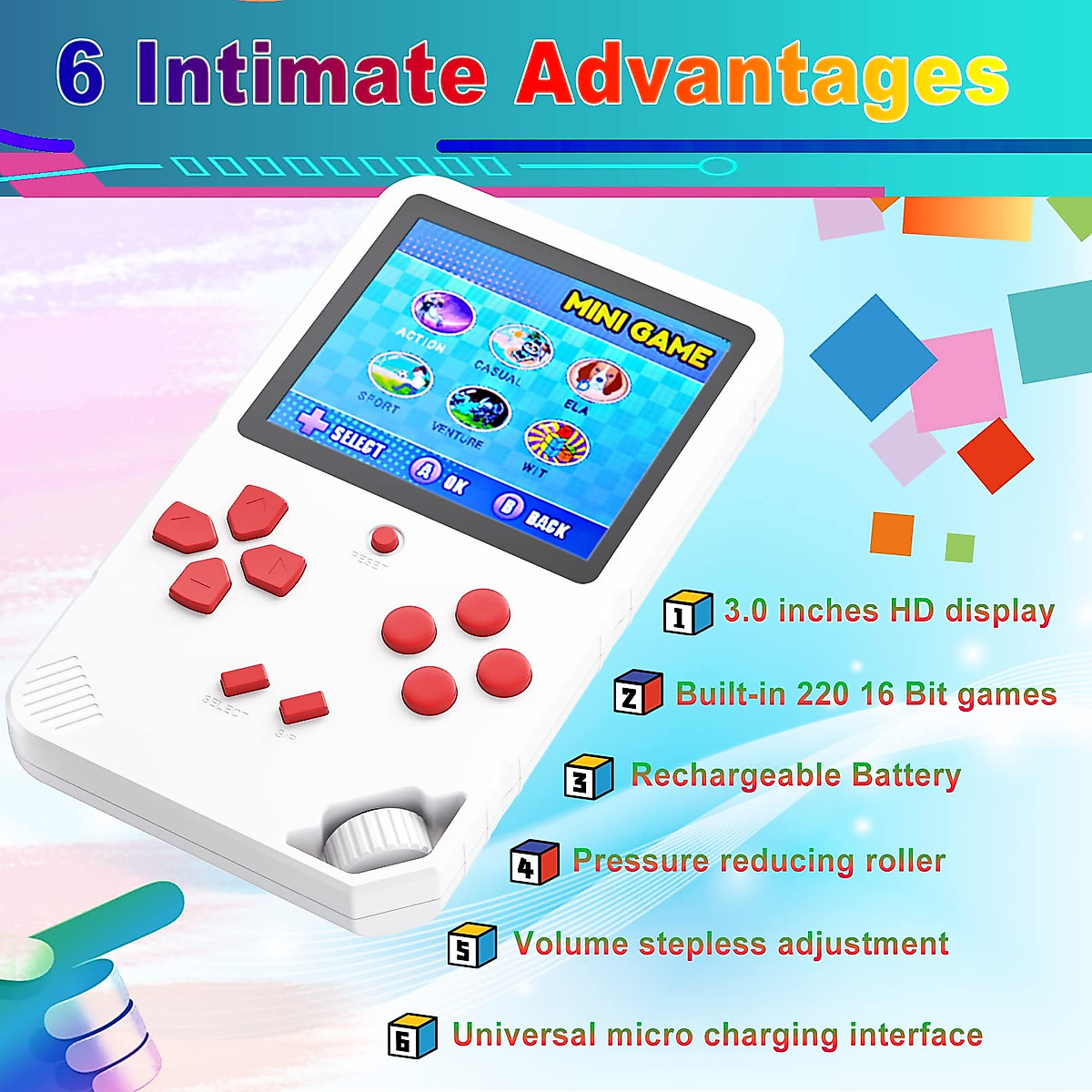 Great Boy Handheld Game Console for Kids Preloaded 220 Classic Retro 16 Bit Games with 3.0'' Color Display Rechargeable Arcade Gaming Player (White)