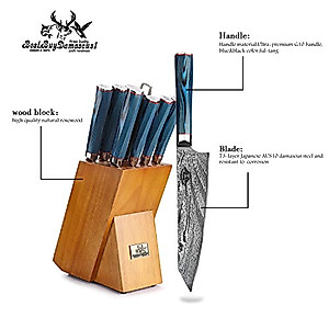 Knife Block Set 9 Pcs Japanese Aus-10 Damascus Steel Chef Knives Set High Carbon Core Stainless Steel Full Tang Chef Knife Set Blue G10 Home Kitchen Professional Knife Block Sets (Blue Round Handel)