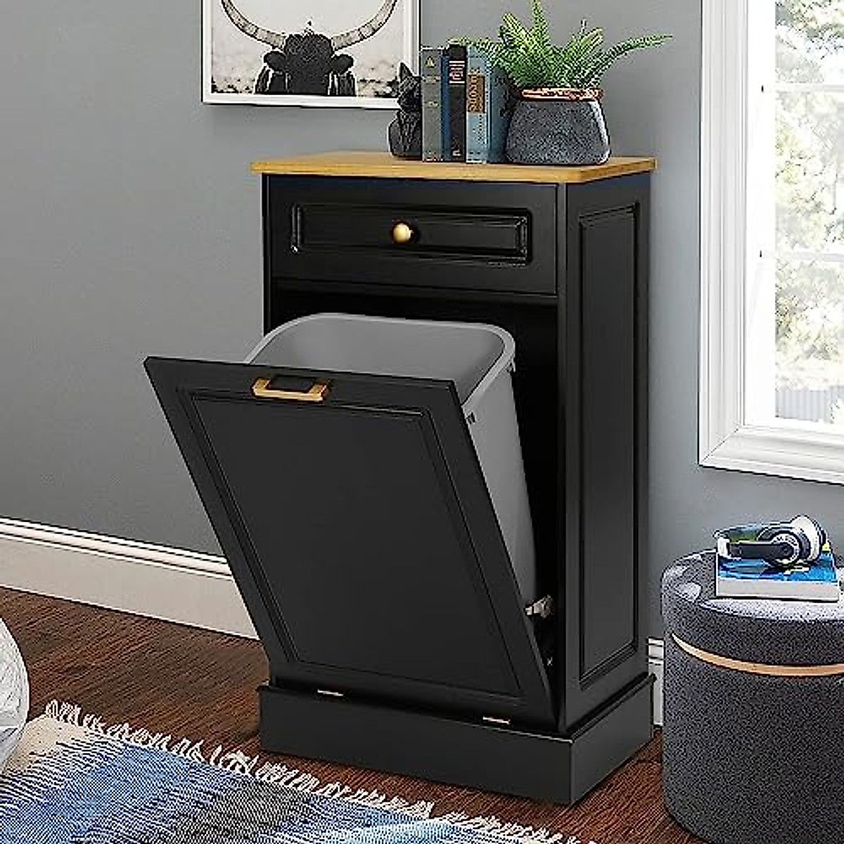 Scurrty 20.5'' Wooden Tilt Out Trash Can Cabinet for Kitchen Island,Tilt Out Bin for Trash Disposal Recycling, Handmade Solid Wood Hideaway Trash Holder for Laundry Hamper with Drawer (Black, Single)