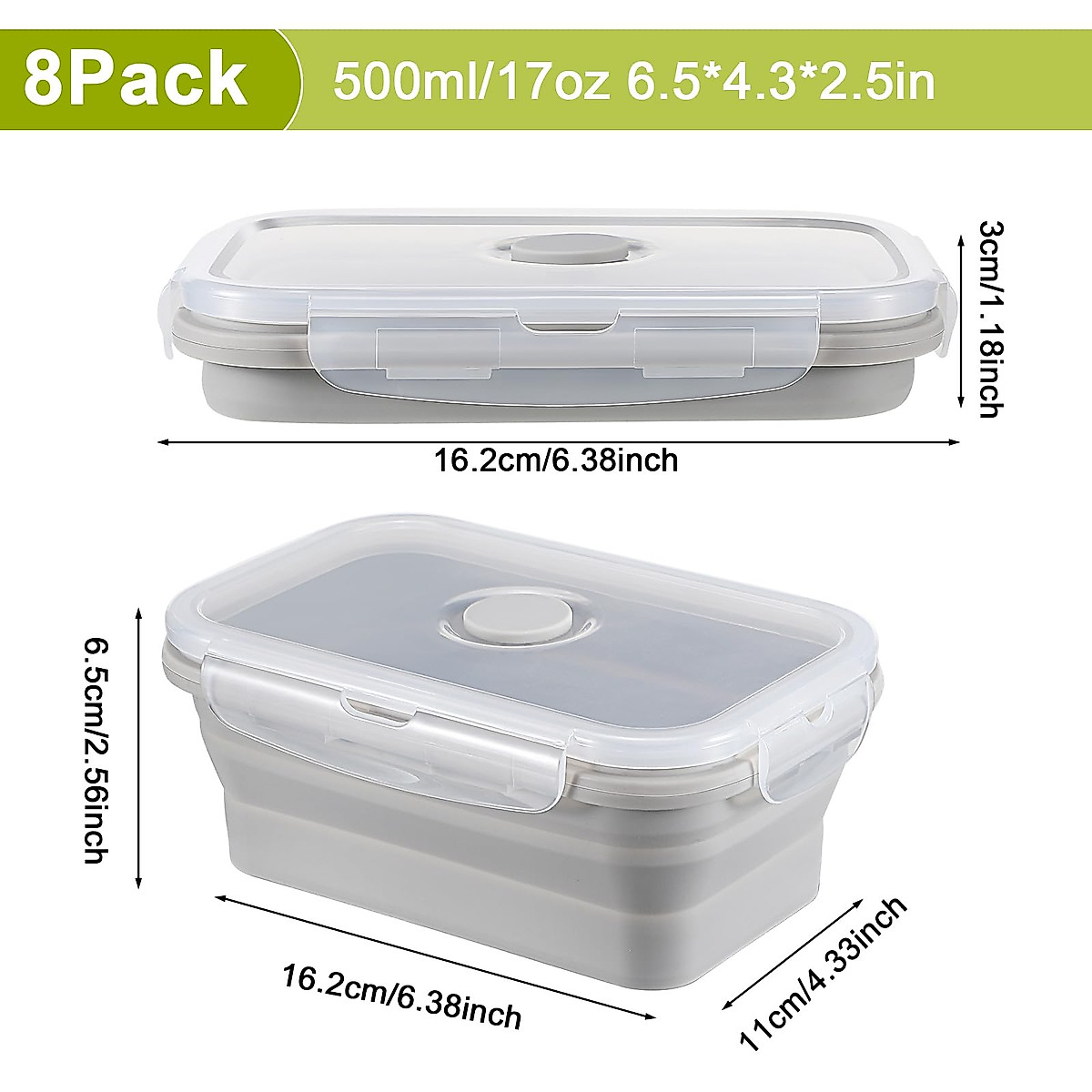 Mifoci Set of 8 Silicone Collapsible Food Storage Containers 17 oz Collapsible Meal Prep Container Square Bowl with Vent Lids, Microwave, Freezer and Dishwasher Safe(Gray)