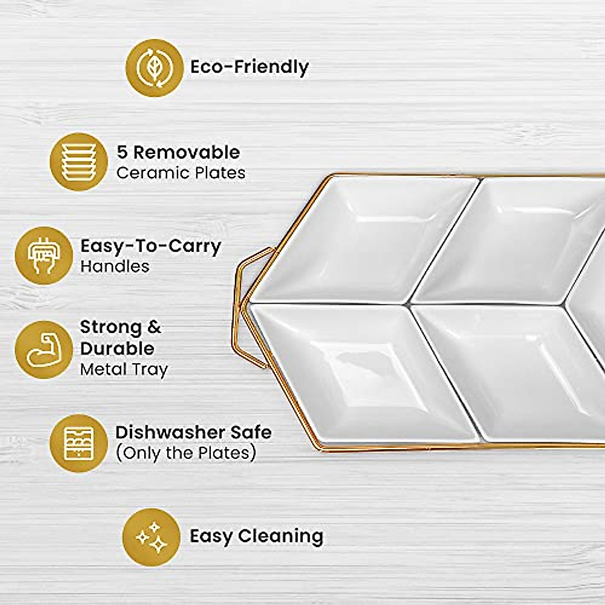 MK Crew Appetizer Serving Tray with Handles - Party Platter for Fruit, Condiments, Cheese, Veggies and Snacks White & Gold Durable Ceramic Dinnerware Set Best Gift Mom / Wife,
