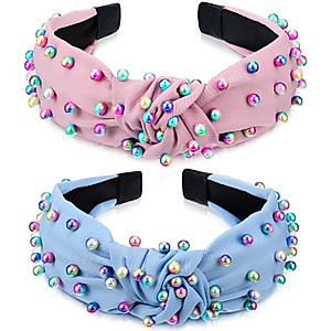 Embellished Hair Accessories for Women and Girls: Faux Pearl Knotted Headbands with Gems and Twisted Turban Design (Pink, Blue)
