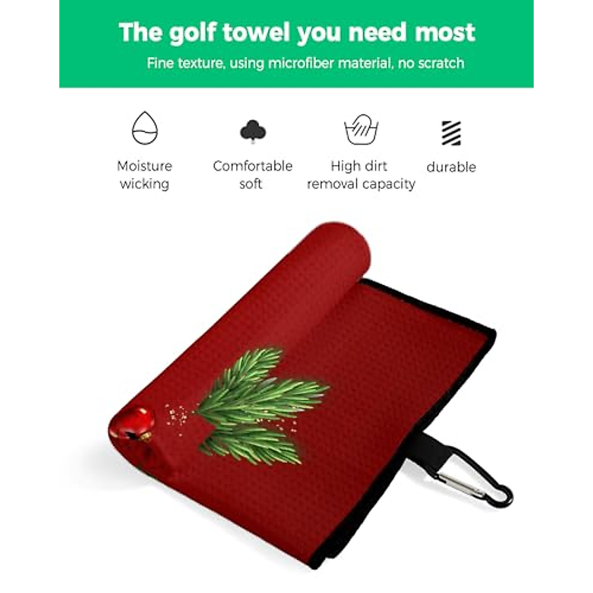 Golf Towel Christmas Pine Needle Light Ball Red,Waffle Pattern Microfiber Club Cleaner Golf Towels with Carabiner Clip for Women Men Dad,Xmas Green Plant Golf Towel for Golf Bags Accessories,24x16in