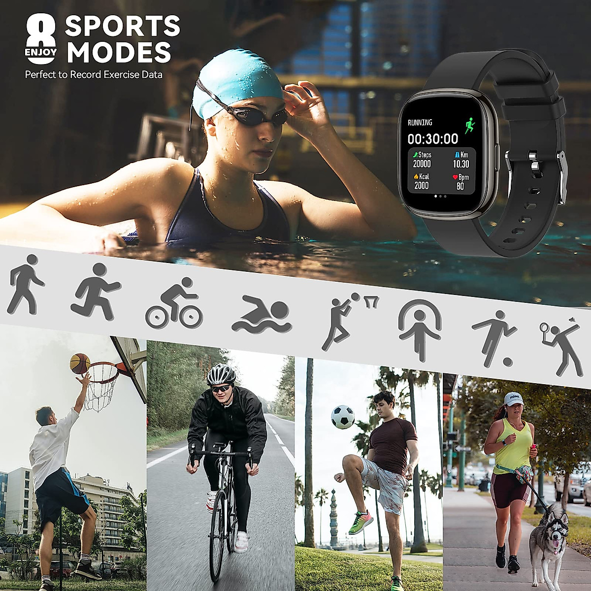 Smart Watch for Women Men Smartwatch Water Resistant Fitness Tracker 8 Sports Modes with Heart Rate Monitor Sleep Tracker Pedometer 40 Days Battery Life Compatible with iPhone Samsung Android Phones