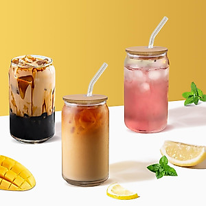 Drinking Glasses with Bamboo Lids and Glass Straw-16oz Can Shaped Glass Cups,Beer Glasses,Iced Coffee Glasses,Ideal for Cocktail,Whiske,Soda,Bubble Tea,Juicing,Smoothies(12pcs Set+2 Cleaning Brushes）