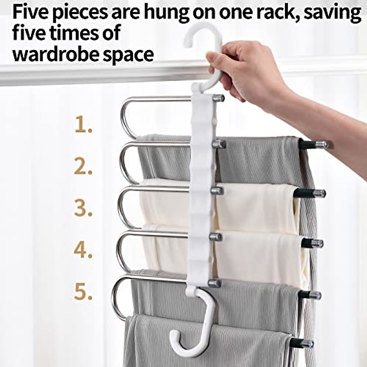 Pants Hangers Space Saving-2 Pack Stainless Steel Multifunctional Uses Rack Organizer-5 Tier No Slip Collapsible Pant Rack for Pants,Jeans,Scarf,Trouser,Towel,Clothes