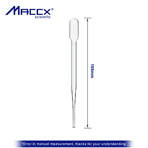 Maccx 100pcs Sterile Transfer Pipettes, Vol. 5ml, 2ml Graduated, 155mm Long, Essential Oils Pipettes, Low-Density Polyethylene Material, Individual Peel-Pack, TPP5155-100