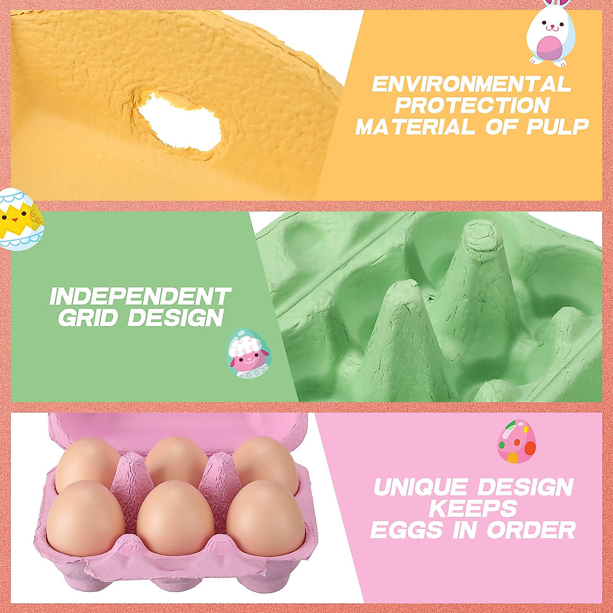 24 Pcs Easter Colorful Pulp Paper Egg Cartons with 24 Pieces Stickers Egg Tray Holder Reusable Egg Box Half Dozen Storage Containers Baskets for Farm Family Travel, 3 Colors