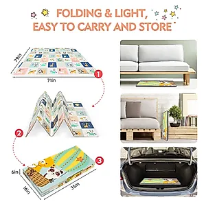 Baby Play Mat, 79 x 71 x 0.4 Inch Folding Baby Crawling Mat, Waterproof Reversible Playmat for Baby Infants Toddlers, Foam Play Mat for Indoor Outdoor Use (Animal Party)