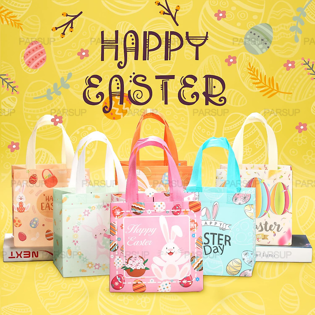 6PCS Easter Egg Hunt Bags Happy Easter Bunny Carrot Chick Egg Gift Bags with Handles, Easter Treat Bags, Multifunctional Non-Woven Easter Bags for Gifts Wrapping, Egg Hunt Game, Easter Party Supplies , 8.3×7.9×5.9inch