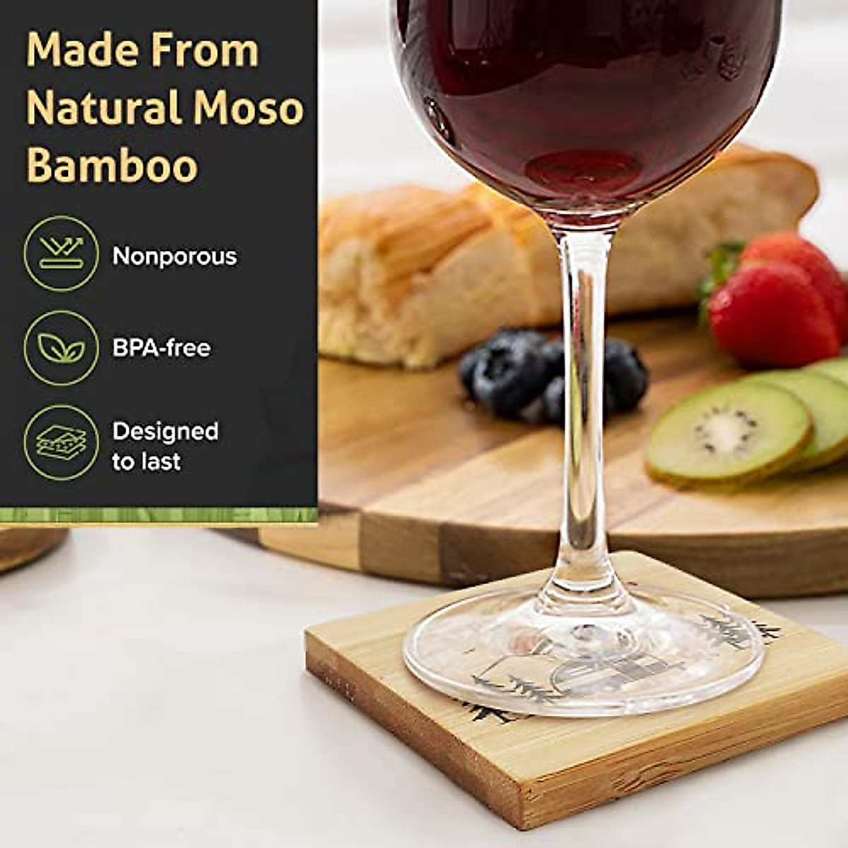 Haigoo Camping Coasters Set of 6, Happy Camper Bamboo Coaster with Holder, RV Lover Gifts Square Drink Coasters Suitable for Various Cups,Friends Home Bar RV Decor Camp Coasters