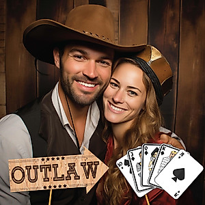 Western Photo Booth Props - 41-pc Photo Prop Kit with 8 x 10-Inch Sign, 60 Adhesive Pads, 45 Sticks - Photo Booth Props Country Theme - Wild West Photo Props