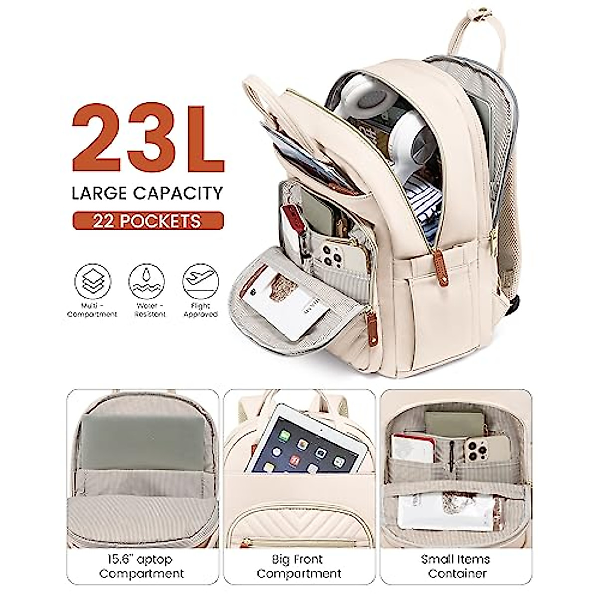 LOVEVOOK Quilted Backpack for Women, 15.6 Inch Computer Bag, Stylish Travel Backpack Purse Notebook with USB Port Waterproof Casual Daypack Large Bags for Daily Work, Beige