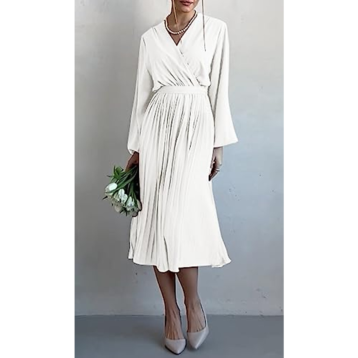 PRETTYGARDEN Women's Fall Midi Dress Long Puff Sleeve Wrap V Neck Flowy Ruffle Pleated Casual Dresses (White,Large)