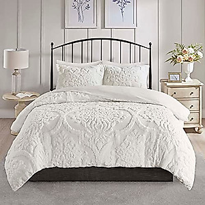 Madison Park Tufted Chenille 100% Cotton Duvet- Modern Luxe All Season Comforter Cover Bed Set with Matching Shams, King/Cal King(104"x92"), Damask Off White 3 Piece
