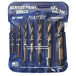 Drill Bits for Plastic (Acrylic, plexiglass, ABS, lexan, Polycarbonate, PVC) Norseman 7pc Acrylic Point Drill Set in Vinyl Pouch. Includes 1/8", 3/16", 1/4", 5/16", 3/8", 7/16", and 1/2" Part BG4600