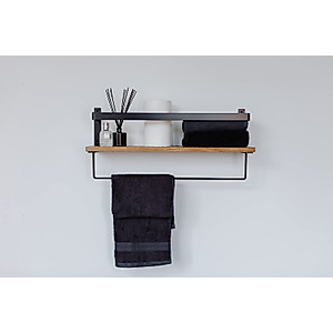 Wood Floating Shelves with Metal Towel Bar, Oak Kitchen Wall Storage Towel Rack, Bathroom Towel Holder, Wall Mounted Steel Towel Rack ETHIMO Bold I