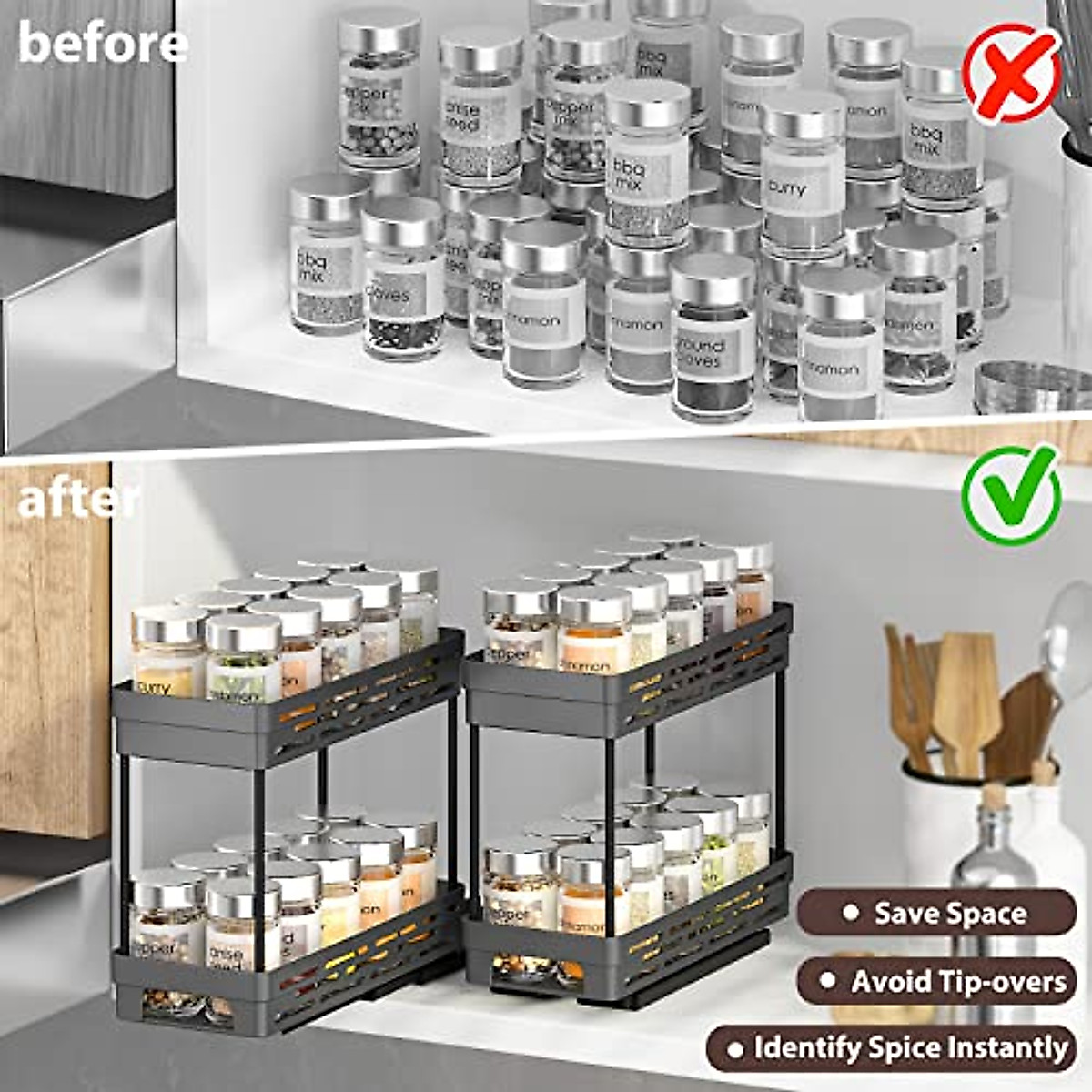 2 Packs Pull Out Spice Rack Organizer for Cabinet, Durable Slide Out Spice Racks Organizer, Easy to Install Spice Cabinet Organizers, 4.33''Wx10.43''Dx7.87'H, 2 Tier - Each Tier Can Hold 10 Spice Jars