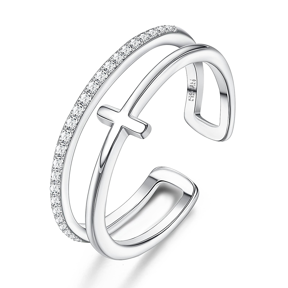 YADOCA 925 Sterling Silver Cross Ring for Women Adjustable Cross Love Open Ring Stackable Cubic Zirconia Cross Ring Pray Through It Ring Christian Religious Ring